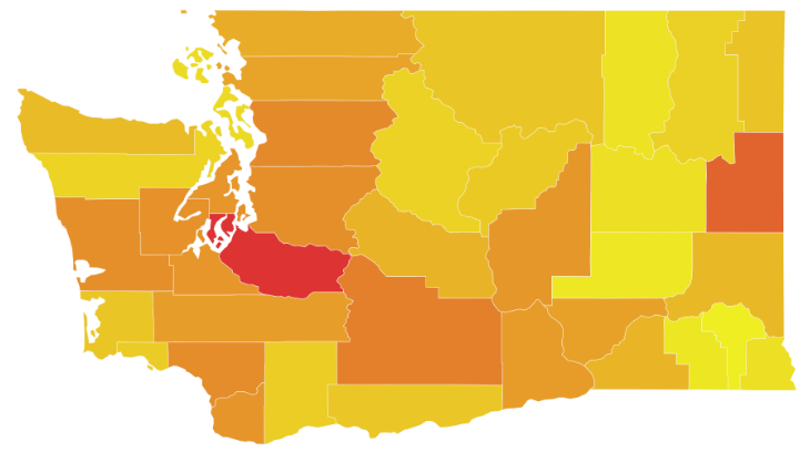 Washington Car Theft Rate Heat Map By County